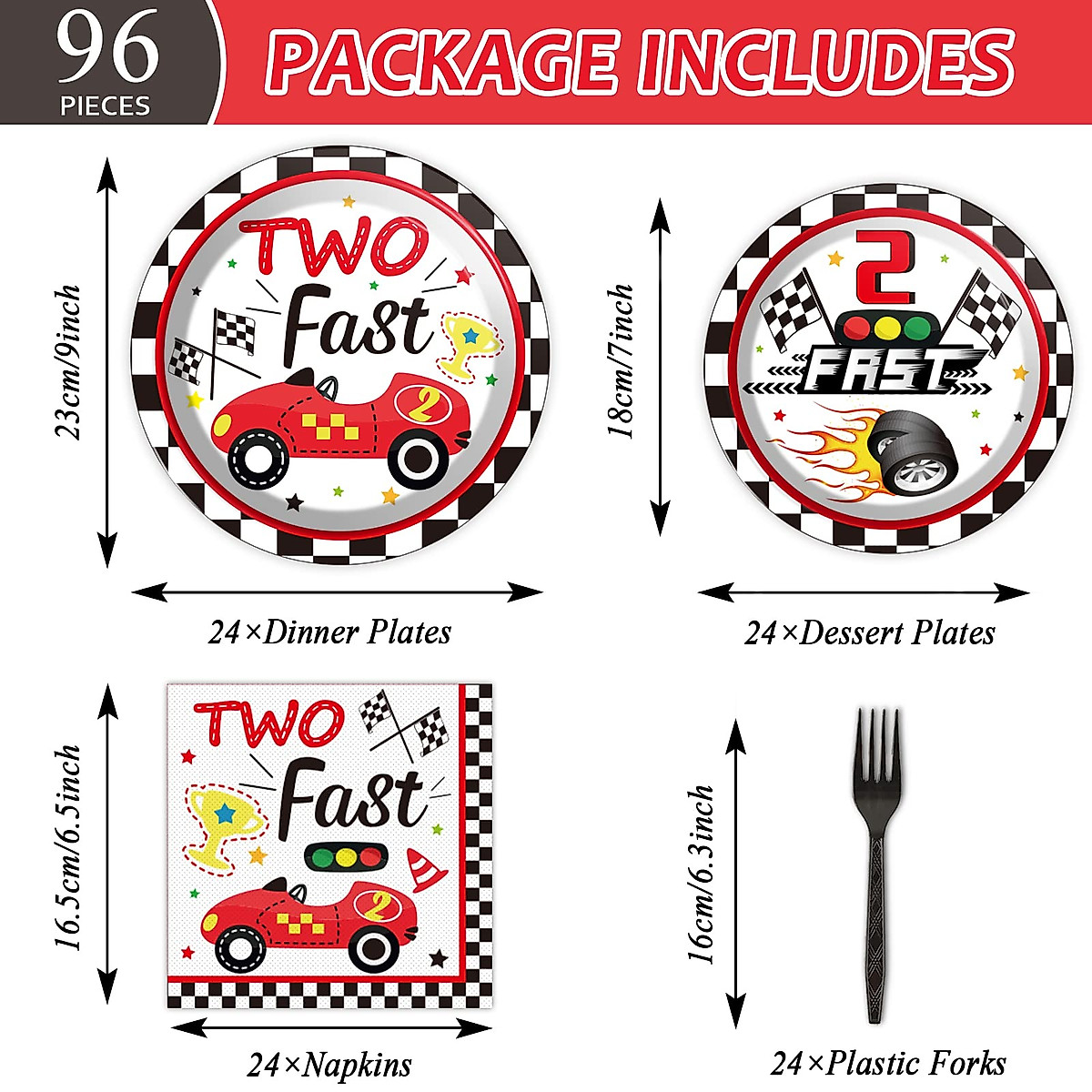 96pcs Two Fast Plates and Napkins Race Car Party Decorations Racing 2 fast Party Plates and Napkins Set Racing Sports Themed Dinnerware for Two Fast Kids Boys Birthday Supplies Favors, Serve 24