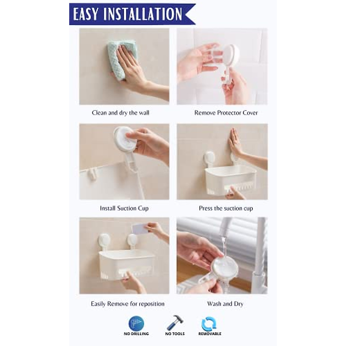 Shower Caddy Vacuum Suction Cup 3Pcs-No Drilling Bathroom Suction Cup Shower Shelf Organizer-Shower Shelves Basket for Shampoo,Soap and Toothbrush Holder-Racks for Inside Bath and Kitchen Wall (White)