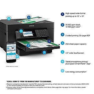 Epson WorkForce Pro WF-7820 Wireless All-in-One Wide-format Printer with Auto 2-sided Print up to 13" x 19", Copy, Scan and Fax, 50-page ADF, 250-sheet Paper Capacity, 4.3" screen, Works with Alexa