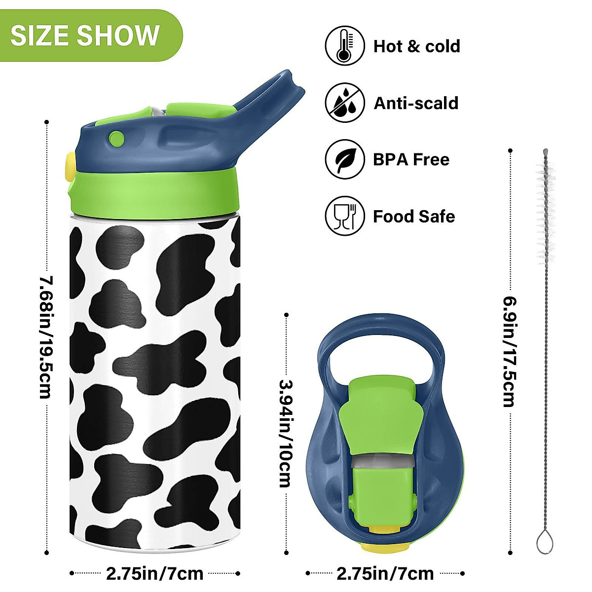 Kigai 12 oz Cow Kids Water Bottle,Insulated Stainless Steel Water Bottle with Straw Lid Double Walled Leakproof Flask for School Toddlers Girls Boys