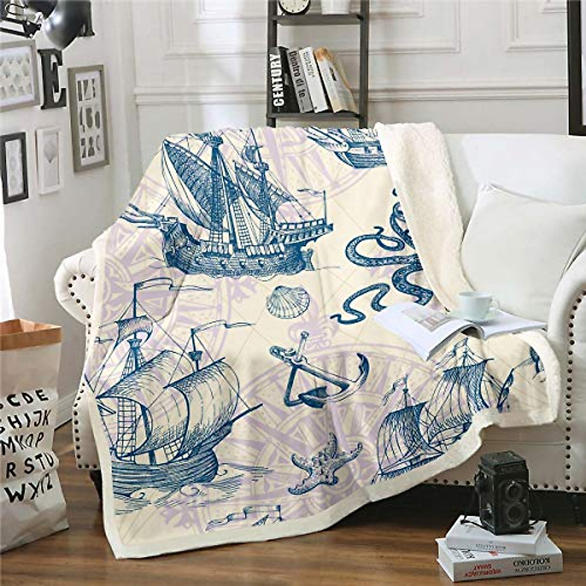 Feelyou Vintage Nautical Fleece Throw Blanket Old Sailboat Anchor Plush Blanket Marine Ocean Themed Fuzzy Blanket and Throws Sea Shell Starfish Fluffy Sherpa Blanket Throw 50"x60"