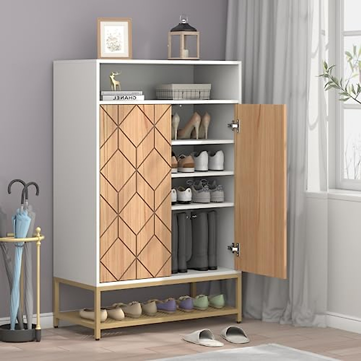 Gyfimoie Shoe Organizer with Doors, Shoe Storage Cabinet with Adjustable Shelves for Entryway, 7-Tier Entryway Shoe Rack Storage for Hallway, Closet, Living Room (White)