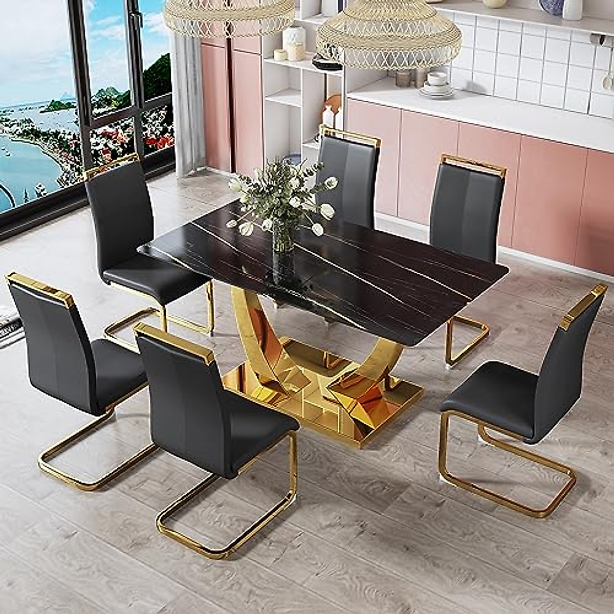 Maotifeys Luxury Black Faux Marble Dining Table Set for 6, Modern Kitchen Table with 6 Black Leather Dining Chairs 7-Piece Dining Table and Chairs for 6 with Polished Gold Metal Legs