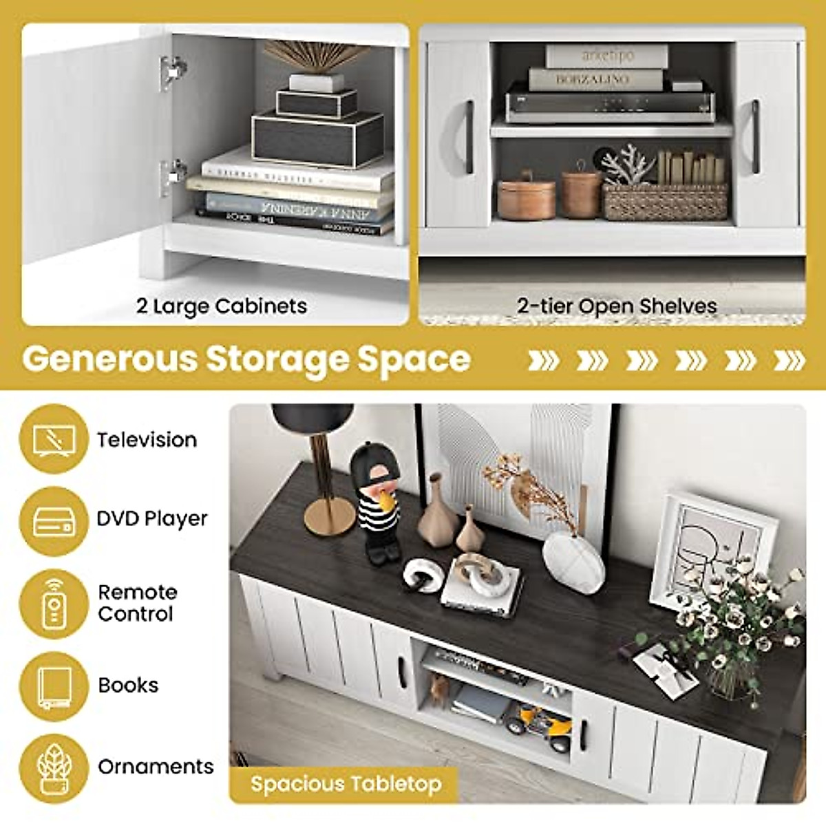 Tangkula 2 Doors TV Stand for TVs up to 65”, 57” TV Console Table with 2 Cabinets & Open Shelves, Media Entertainment Center with 2 Cable Management Holes, Wood TV Cabinet for Living Room (Dark Brown)