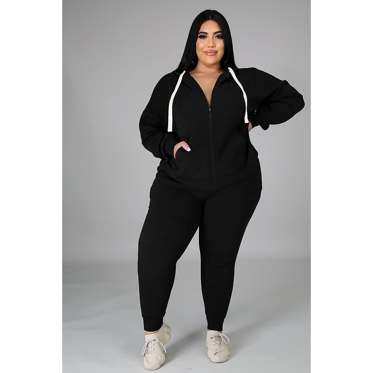 Tycorwd Women's Plus Size Two Piece Outfits Sweatsuits Sets Long Sleeve Loungewear Tracksuit Sets Black-3XL