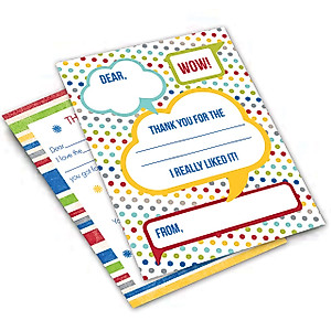 Dots and Stripes Kids Thank You Note Card Pack / 20 Fill In Childrens Colorful Thanks Cards With White Envelopes / 4 5/8" x 6 1/4" Kid Birthday Party Thank You