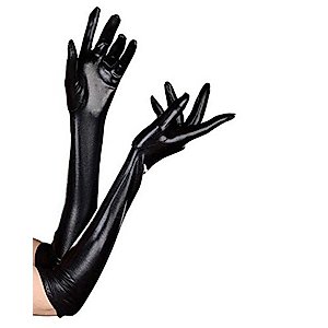 Luwint Women's Sexy Elastic Shiny Wet Look Satin Long Gloves (Black)