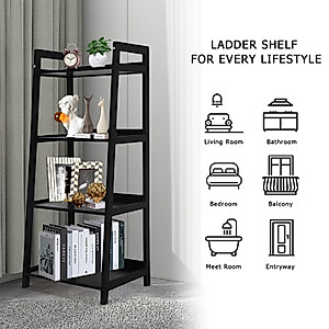ECOMEX 4-Tier Ladder Shelf Modern Style Shelf, Ladder Bookshelf Open Storage Rack Wood Ladder Shelf with Solid Pine Frame, Freestanding Ladder Shelves for Home Office, Bedroom (Black)
