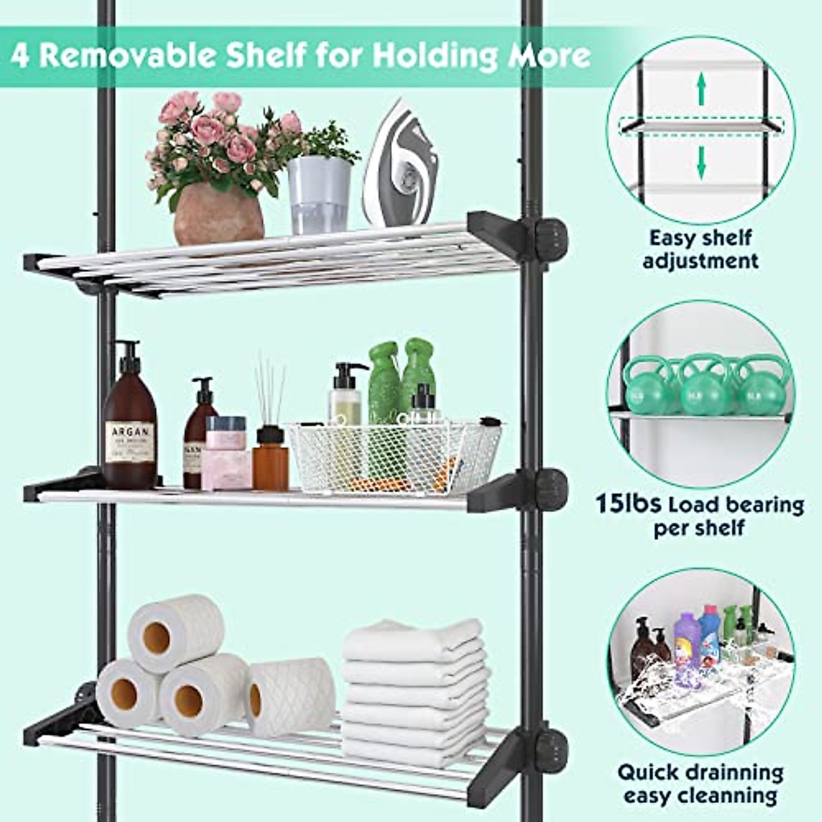 Lilyvane 4 Tiers Over The Toilet Storage, 97 to116” Adjustable Tension Pole Over Toilet Bathroom Organizer, Freestanding Bathroom Shelves Over Toilet for Most Showers Over The Toilet Shelf, Black