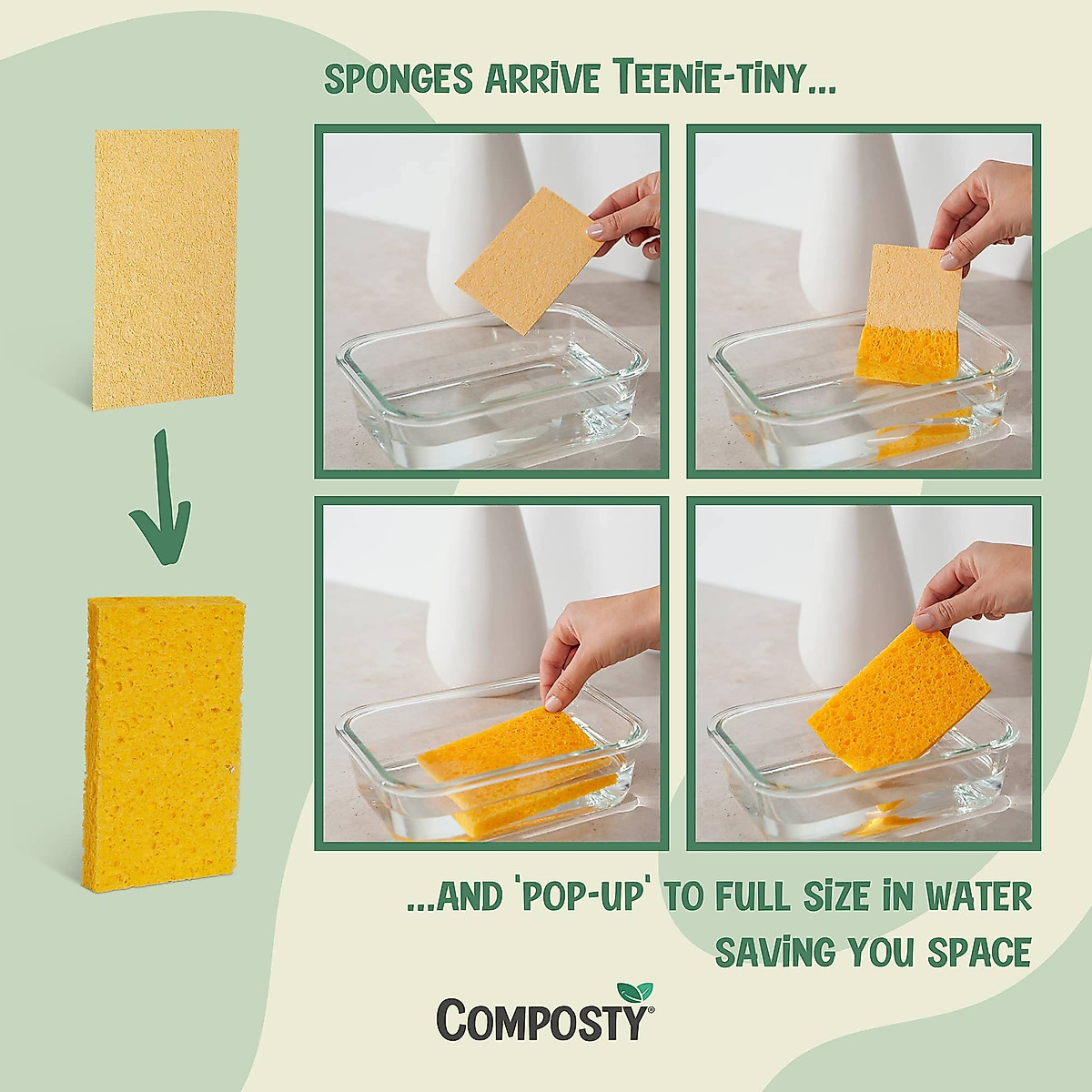 Composty® | Premium 'Pop-Up' Eco Sponges | 12 Pack | Compostable | Zero Waste | Plastic Free | Natural Cellulose | Long-Lasting | 4 Colors: Perfect for Kitchen, Washing Up, Bathroom | One Tree Planted
