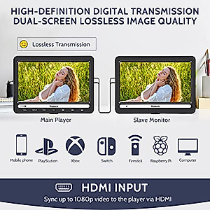 NAVISKAUTO 10.5" Dual Screen DVD/CD Player for Car with HDMI Input, Two Mounting Brackets, Rechargeable Battery, Support USB Playback and Region Free