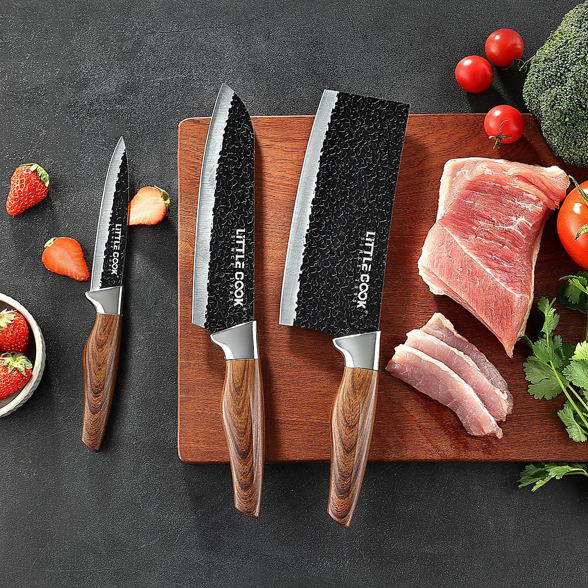 3PCS Chef Knife, Little Cook Chef Knife Set, Includes 7 inch Chef Knife, 7 inch Cleaver Knife and 4.5 inch Boning Knife, Premium Stainless Steel With Ergonomic Plastic Handle (Blackening technique)