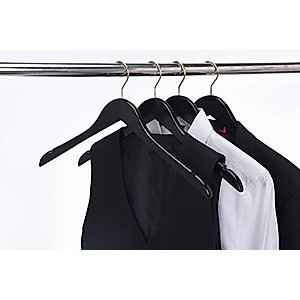 Quality Black Semi Curved Wooden Suit Hangers, 10-Pack Smooth Finish Solid Wood Coat Hanger with Swivel Hook, Jacket, Pant, Dress Clothes Hangers (Black - Gold Hook, 10)