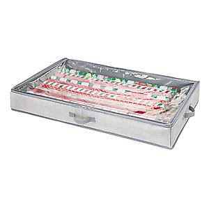 mDesign Soft Fabric Gift Wrap Storage Organizer Holder Box - Low Profile, Easy-View Clear Top Panel, Attached 2-Way Zippered Lid, Side Handles, Stores Long Rolls of Gift Wrap - Gray