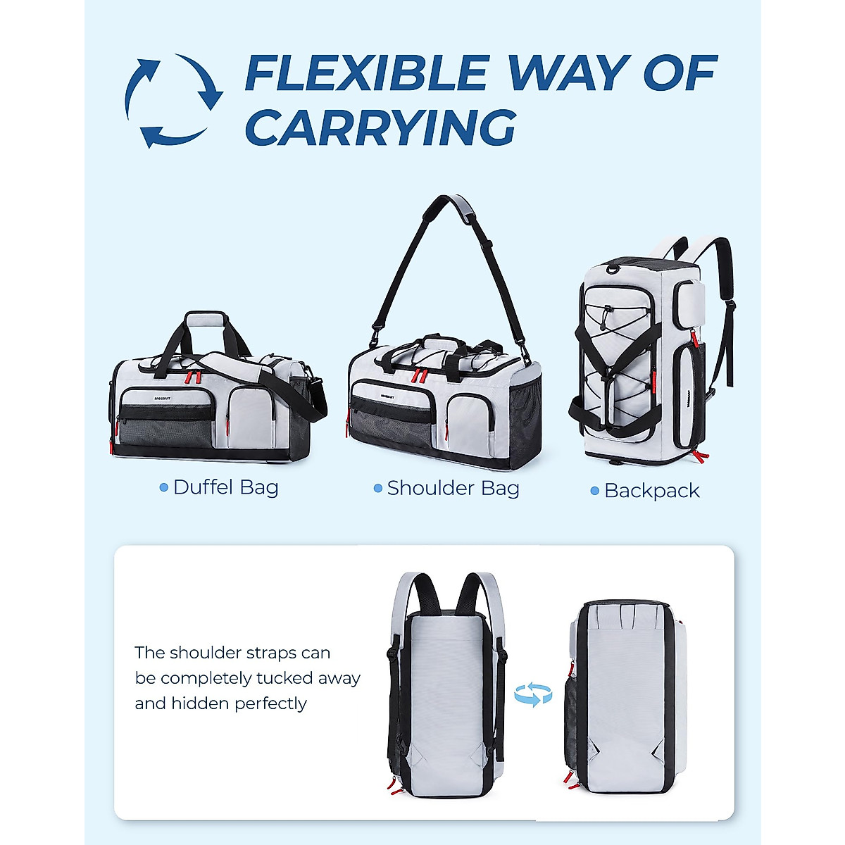 BAGSMART Gym Bag for Women & Men, 35L Sports Travel Duffel Bag with Shoe Compartment，Anti-Theft Carry On Weekend Bag for Airplane, Water Resistant Workout Overnight Backpack for Travel Gym,Grey