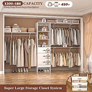 Armocity 120 Inches Closet System, 10FT Walk In Closet Organizer with 3 Shelving Towers, Heavy Duty Clothes Rack with 3 Drawers, Built-In Garment Rack, 120" L x 16" W x 75" H, Max Load 1300 LBS, White