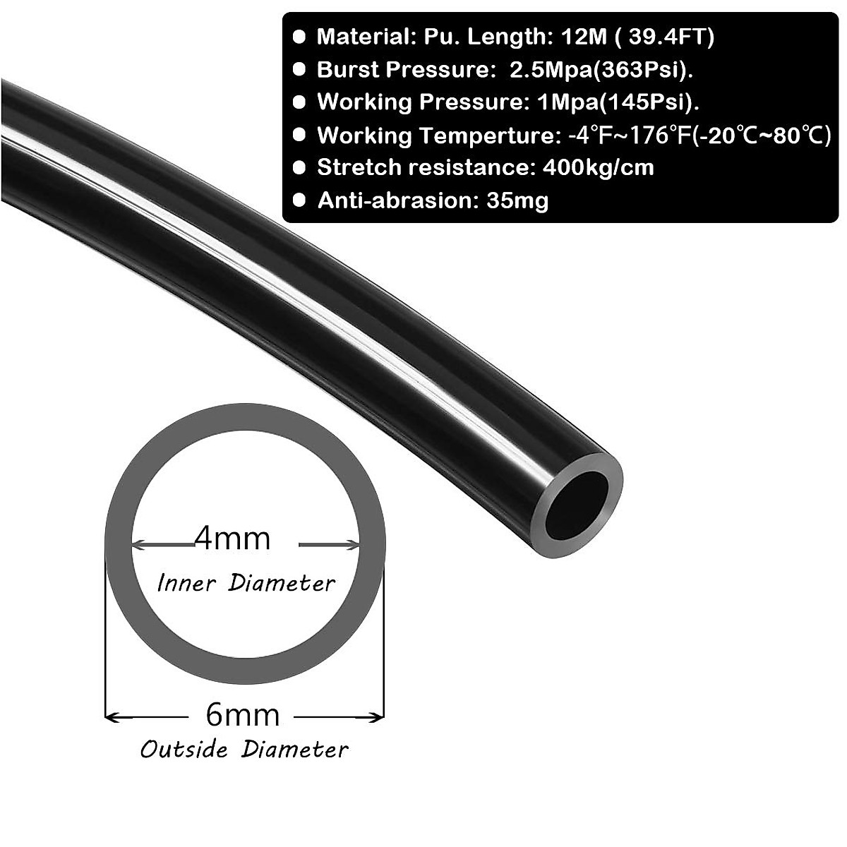 Beduan 6mm x 4mm Black Pneumatic Tubing Pipe PU Polyurethane Air Compressor Tubing Hose Pipe Line Fluid Transfer 39.4ft 12 Meter