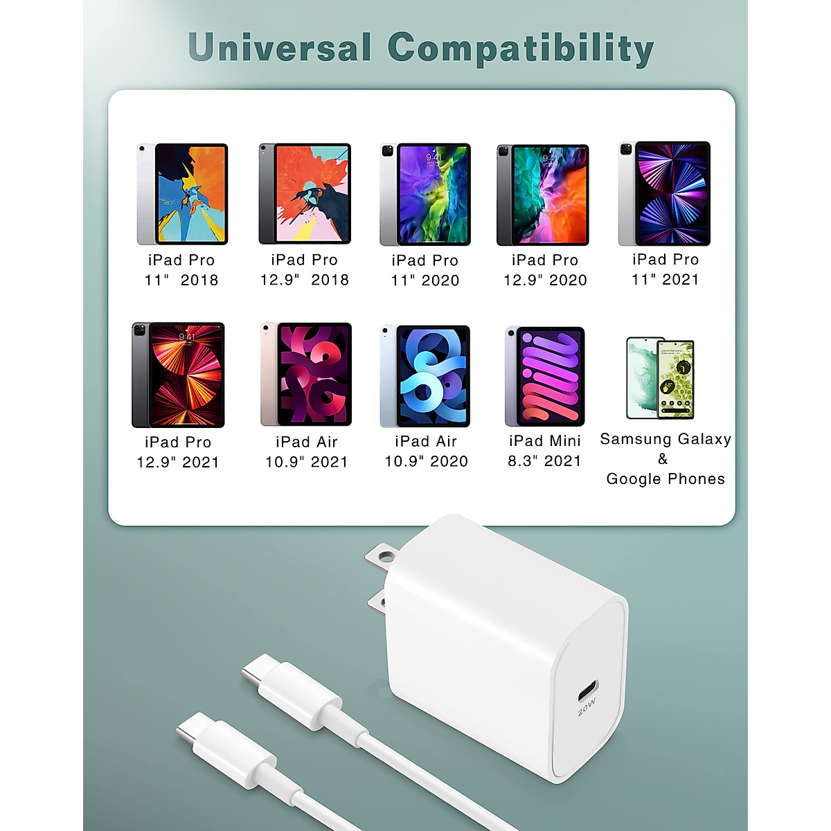 [Apple MFi Certified] 20W USB C Fast Charger for iPad Air 5th 4th 10.9, Pro 12.9/11 inch 2021/2020/2018, Mini 6 Generation, TIKALONG PD Wall Block + 6FT to Charging Cable, white