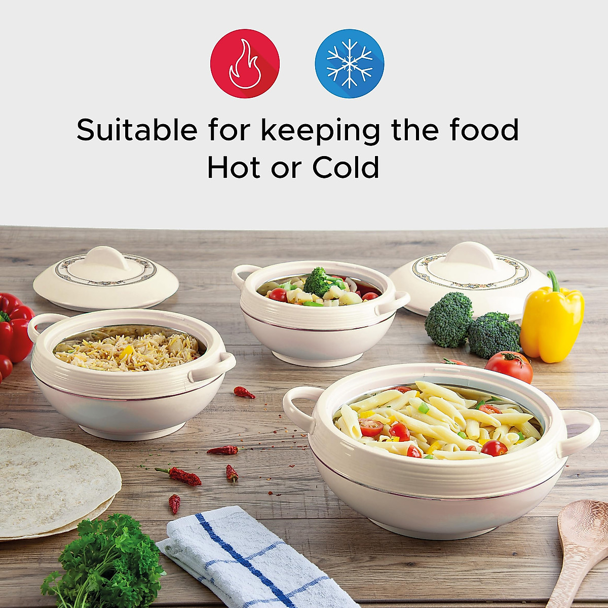 Asian Ambiente Large Food Warmer Hot Pot Set Of Insulated Casseroles 6 8 And 10 Litre