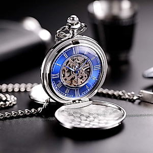 TREEWETO Pocket Watch - Smooth Double Case Series Skeleton Dial Delicate Mechanical Movement with Chain, Silver