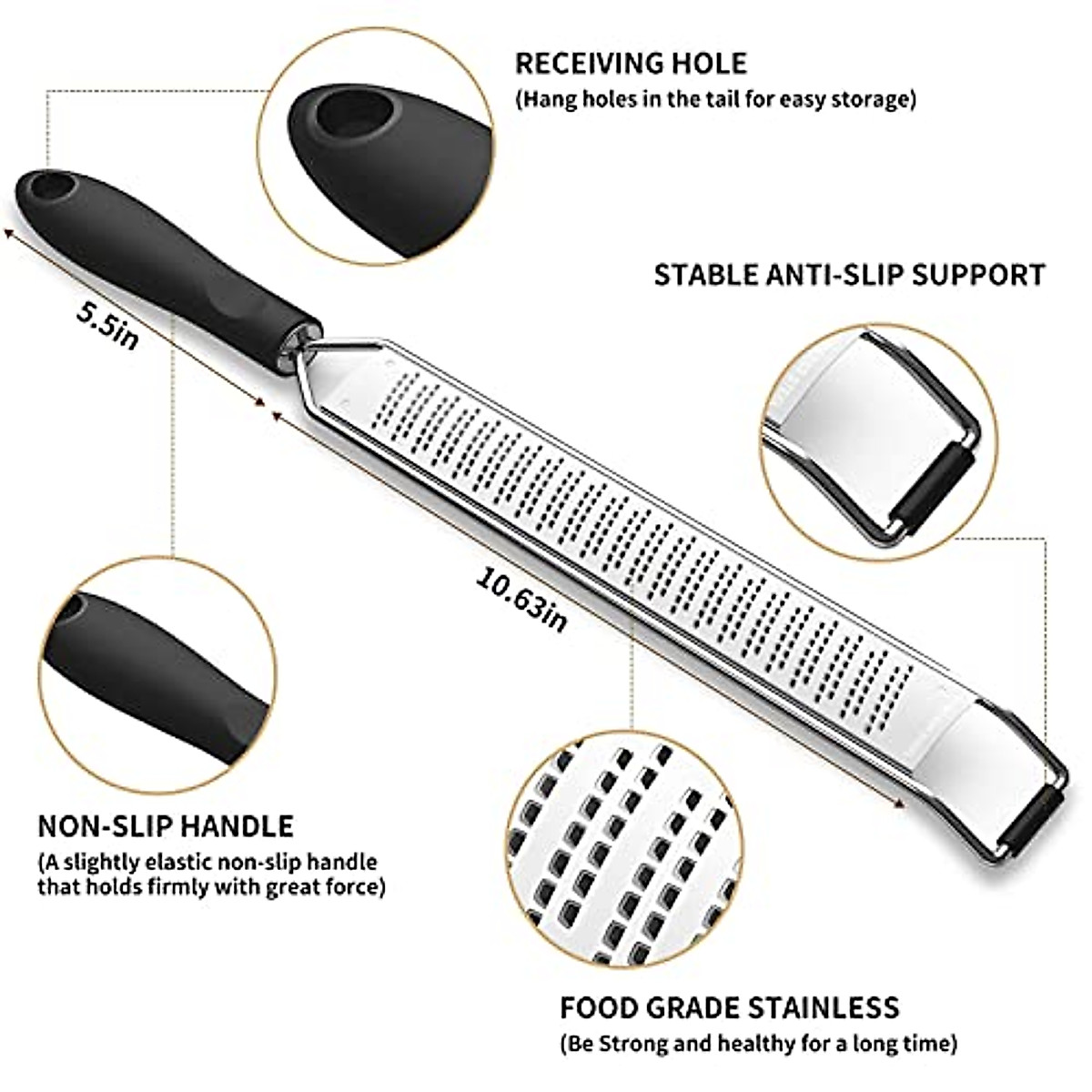 Lemon Zester & Cheese Grater – A Sharp Kitchen Tool for Parmesan, Ginger, Garlic, Nutmeg, Chocolate, Vegetables, Fruits - Stainless steel, Black