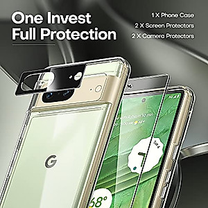 TAURI [5 in 1 Designed for Google Pixel 7 Case Clear, [Not Yellowing] with 2 Tempered Glass Screen Protector + 2 Camera Lens Protector, [Military Grade Drop Protection] Slim for Pixel 7 Phone Case