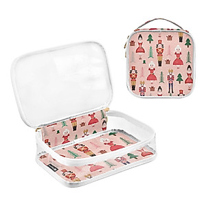 Pink Tree Nutcrackers 2 Pieces Clear Makeup Cosmetic Toiletry Bags for Women PVC Waterproof Portable Travel Storage Carry Pouch with Gold Zippers Organizer Case for Vacation Organizing Traveling