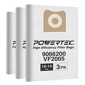 POWERTEC 75024 High Efficiency Filter Bags for Shop Vac 9066233/ 9066200 10 - 14 Gallon Type F, I / VF2005/ CMXZVBE3877, CMXZVBE38768/ VHBL VDBL, 3PK