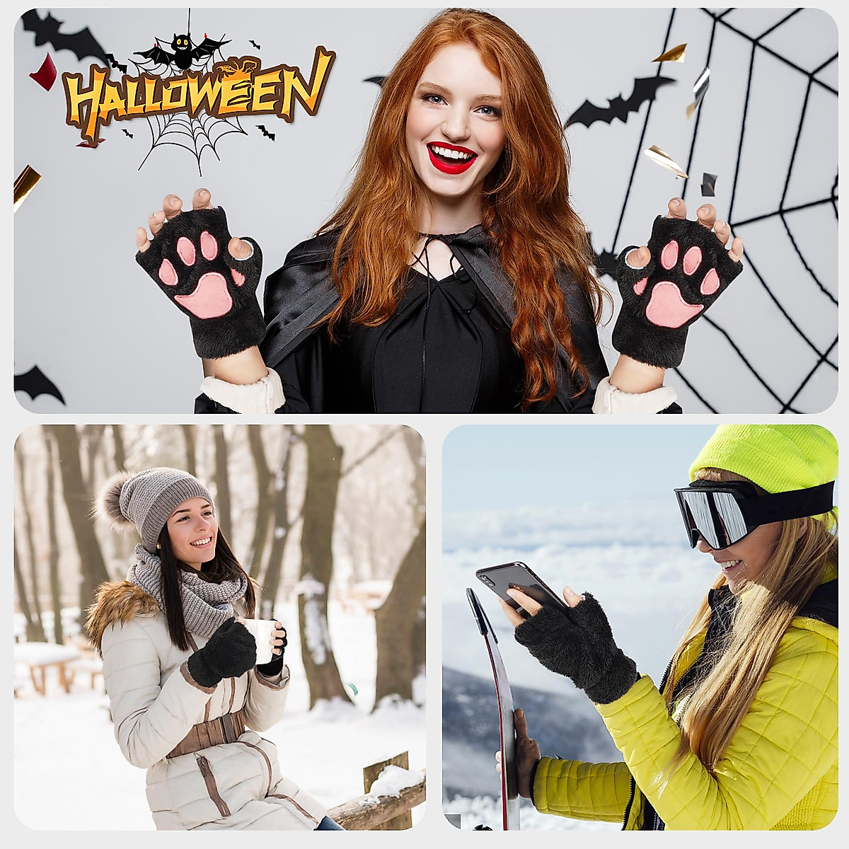 Himine Cat Claw Bear Paw Fingerless Winter Plush Gloves 1*Pair(Black)