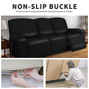 Easy-Going PU Leather Recliner Sofa Slipcovers, Waterproof Stretch Sofa Covers, 8 Pieces Stretch Furniture Protector, Elastic Strap Shield Pets Kids Children Cats Dogs Black