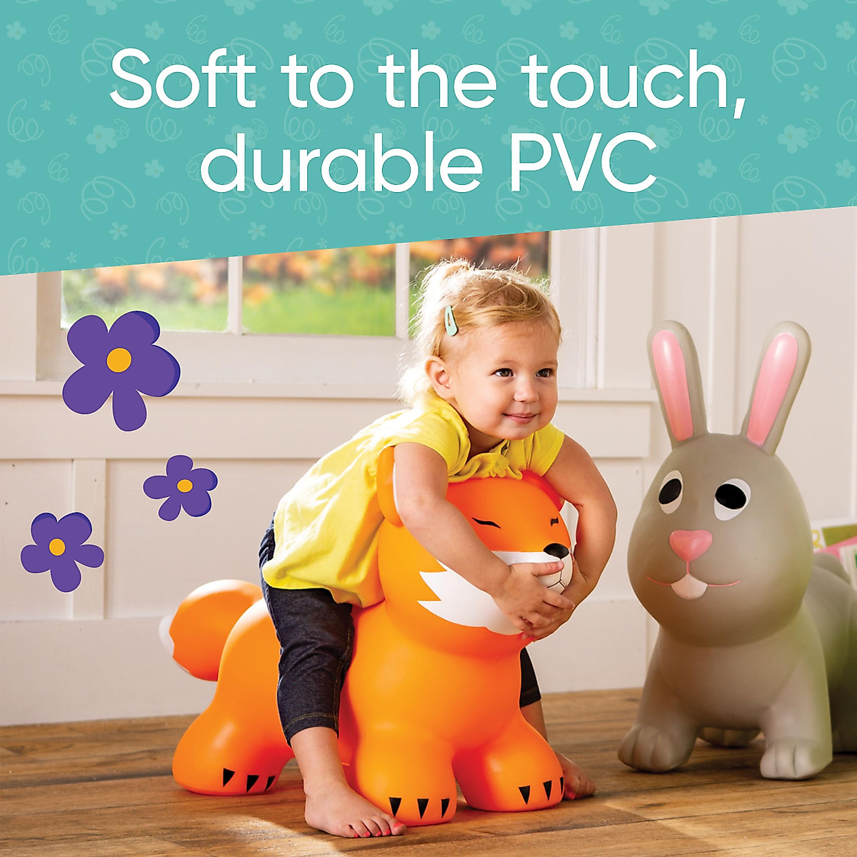 Hearthsong Bouncy Inflatable Animal Jump-Along, 28”L x 13.5”W x 17.5”H, Hand Pump Included, 150 lbs., Ages 12 Months and Up, Fox