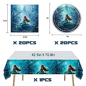 2023 Little Mermaid Party Decorations,Black Princess Mermaid Party Tableware Set Include 20Plate 20Napkins And 1 Tablecovers For Under The Sea Mermaid Movie Themed Birthday Party Decorate Supplies