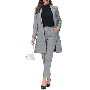 MODFUL Women's 2 Piece Long Blazer with Pants Set Small Plaid Elegant Suit Set for Casual Business Office(Grey,Medium)