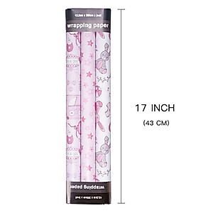 LeZakaa Baby Shower Wrapping Paper - Mini Roll - Bear Toy/Balloon, Baby/Star Print in Pink for Baby Girl - 17 x 120 inches - 3 Rolls (42.5 sq.ft.ttl.)