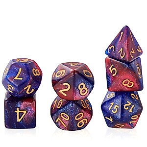 DND Dice Set Glitter Polyhedral Dice D&D Dice with a Black Pouch for Dragons and Dungeons(Blue Fuchsia)