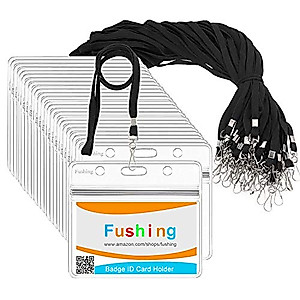 Fushing 20Pcs Clear Plastic Horizontal Name Tags Badge ID Card Holders and 20Pcs Flat Neck Lanyards with Swivel Hook