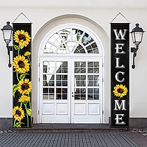 Sunflower Hanging Banners Spring Welcome Porch Banners Flags Fall Door Banners Flag Summer Hanging Banner for Front Door Garden Home Yard Sunflower Party Decorations (Black Background)