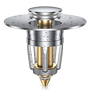 Universal Bathroom Sink Stopper,SYPENV 1.1”-1.5” Pop-Up Drain Stopper with Built-in Hair Catcher Push-Type Brass Bounce Core Drain Filter Bathtub Plug for Most Standard Sink (Silver,1PCS)