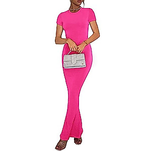 REORIA Women's Summer Sexy Casual Lounge Long Dress Elegant Wedding Guest Short Sleeve Crew Neck Bodycon Maxi Dresses Rose Red Medium