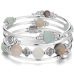 Beaded Pearl Bangle Wrap Bracelet - Fashion Bohemian Jewelry Multilayer Charm Bracelet with Thick Silver Metal Beads, Gift For Women (Green)