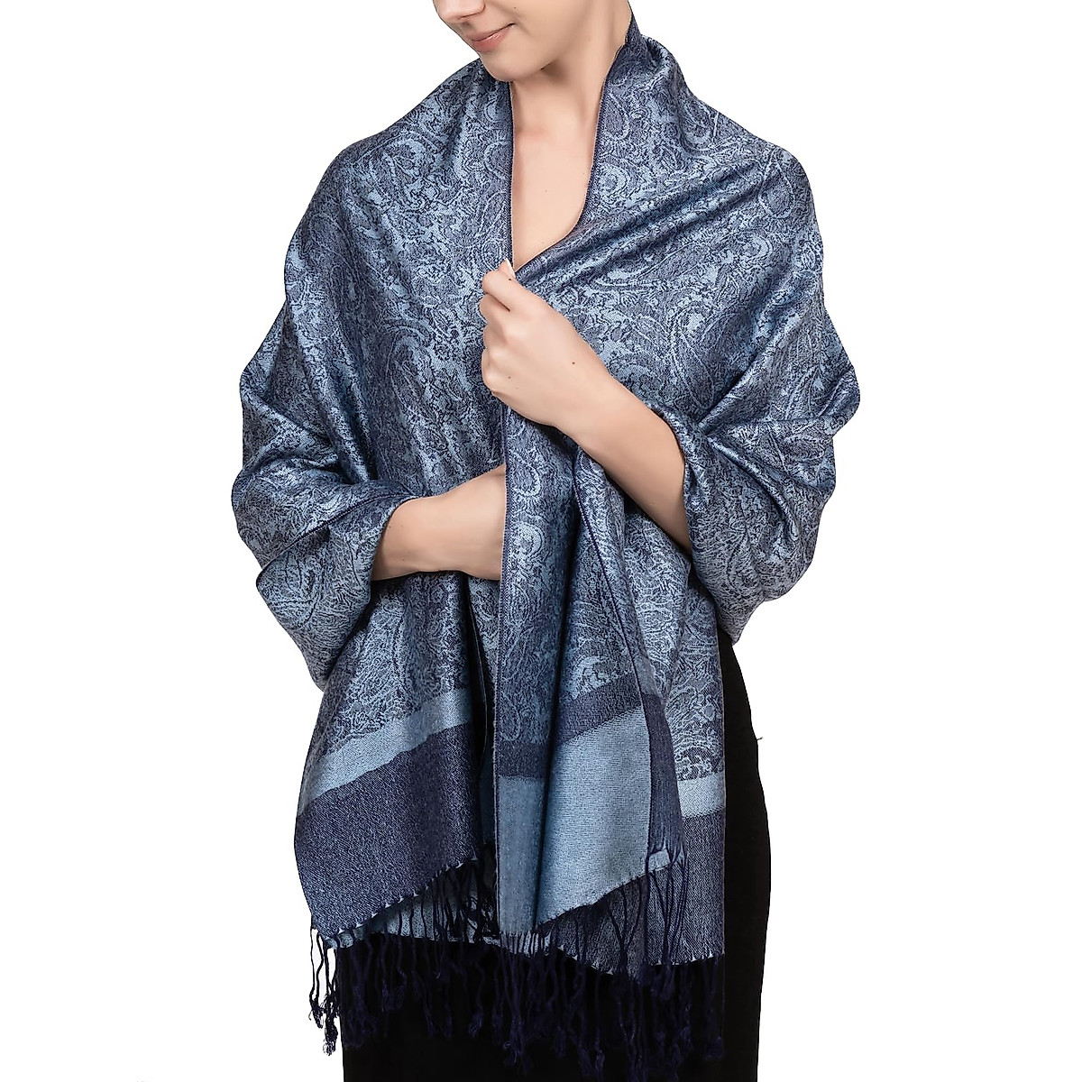 Achillea Two Tone Vintage Jacquard Paisley Pashmina Shawl Wrap Scarf (Steel Blue)