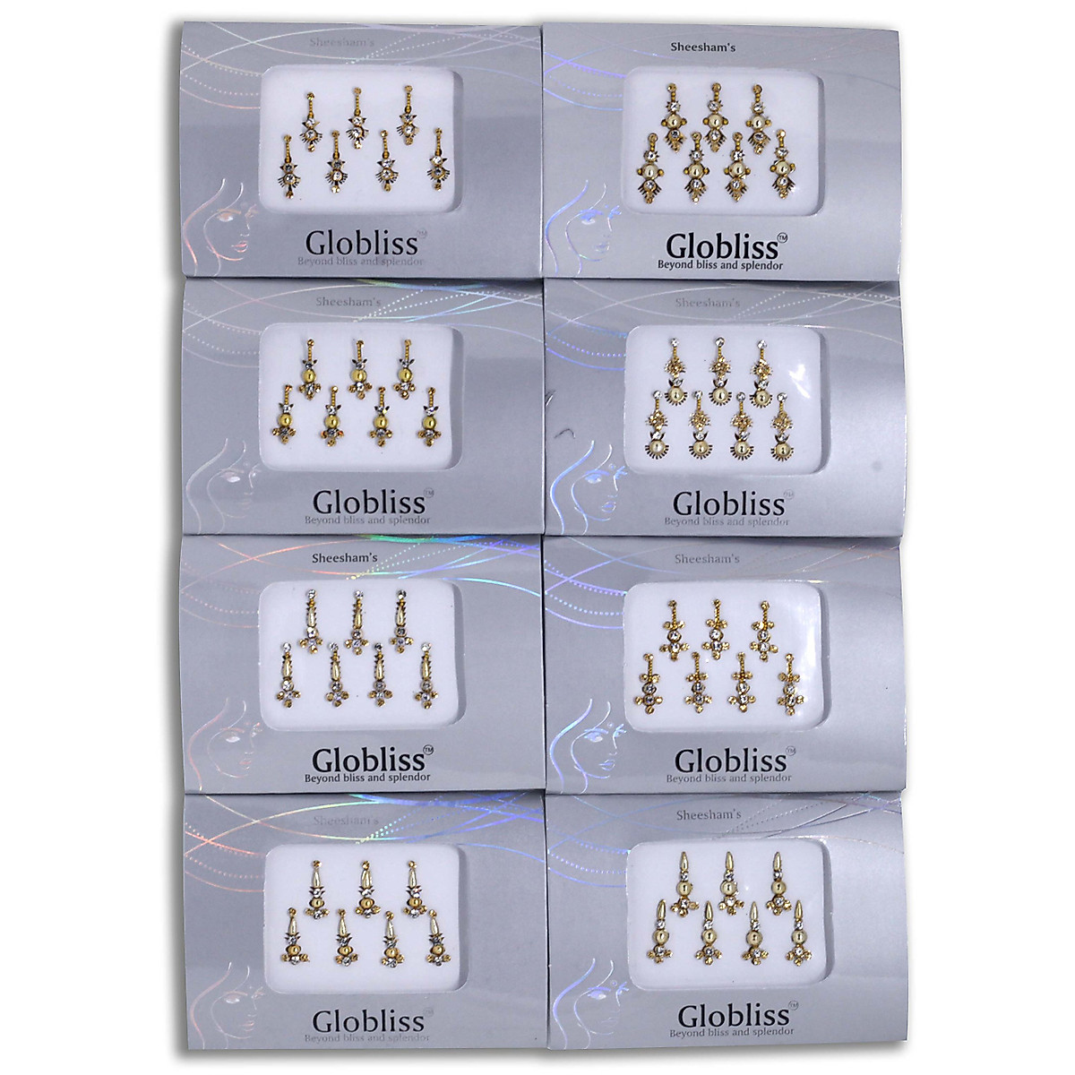 Globliss 6 Packs with 42 Long Indian Bindis face Gems Forehead Sticker Silver Golden Colorful