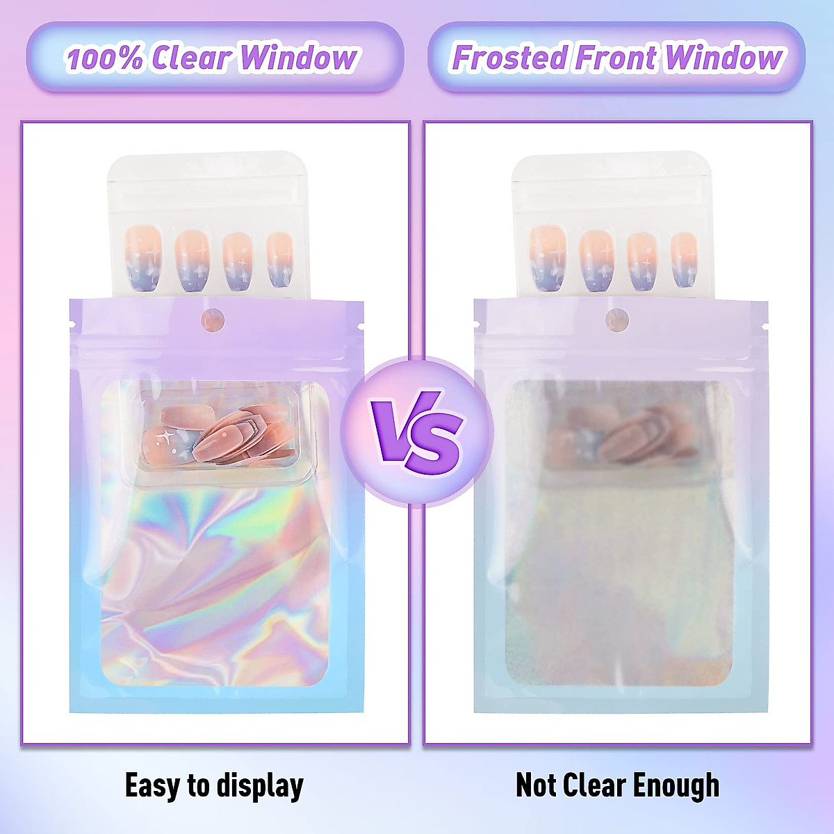 Funfery 100 Pack Gradient Holographic Bags,Mylar Resealable Bags with Zipper,Clear Window Packaging Pouch,Smell Proof Plastic Bags for Food Storage,Sample Jewelry Baggies(2.7×3.9In,Purple Blue)