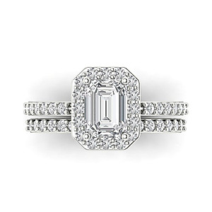 Clara Pucci 2.14 carat Emerald Shape Halo Solitaire Moissanite Engagement Wedding Anniversary Bridal ring band set 14k White Gold 7.25