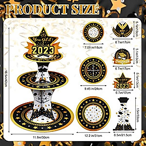 Treela 3 Pieces Graduation Cupcake Stands 3 Tier Round Cardboard Cupcake Stand 2023 Black and Gold Grad Decorations Theme Dessert Stand Holder for Graduation Party Supplies Favors