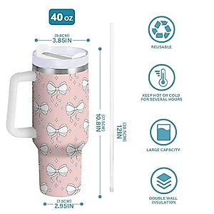 Bseiialft 40 oz Tumbler with Handle White Bow Star Pink Water Bottle with Lid and Straw Vacuum Insulated Cup Stainless Steel Travel Coffee Mug for Home Office Car