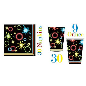 Serves 30 Complete Party Pack Neon Glow Party Supplies 9" Dinner Paper Plates 7" Dessert Paper Plates 9 oz Cups 3 Ply Napkins 1 Table Cover Size: 54" x 108" Neon Glow Party Theme