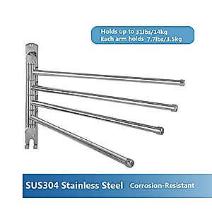 Swivel Bathroom Towel Rack JSVER Towel Rack Wall Mounted, SUS304 Stainless Steel Towel Bar, 4-Arm Space Saving Towel Hanger, Towel Racks for Bathroom, Kitchen