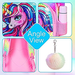 FTJCF 3PCS Unicorn Backpack, 16" Girls Rainbow Sequins Kids Bookbag with Lunch Box, School Bags for Elementary Preschool Kindergarten - Pink