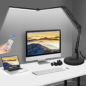 2-in-1 Desk Lamps for Home Office, 24W Large LED Desk Lamp with Remote Control, Double Head Computer Desk Lamp with Sleep Mode, 5 Colors Stepless Dimming Architect Workbench Light with Memory Function